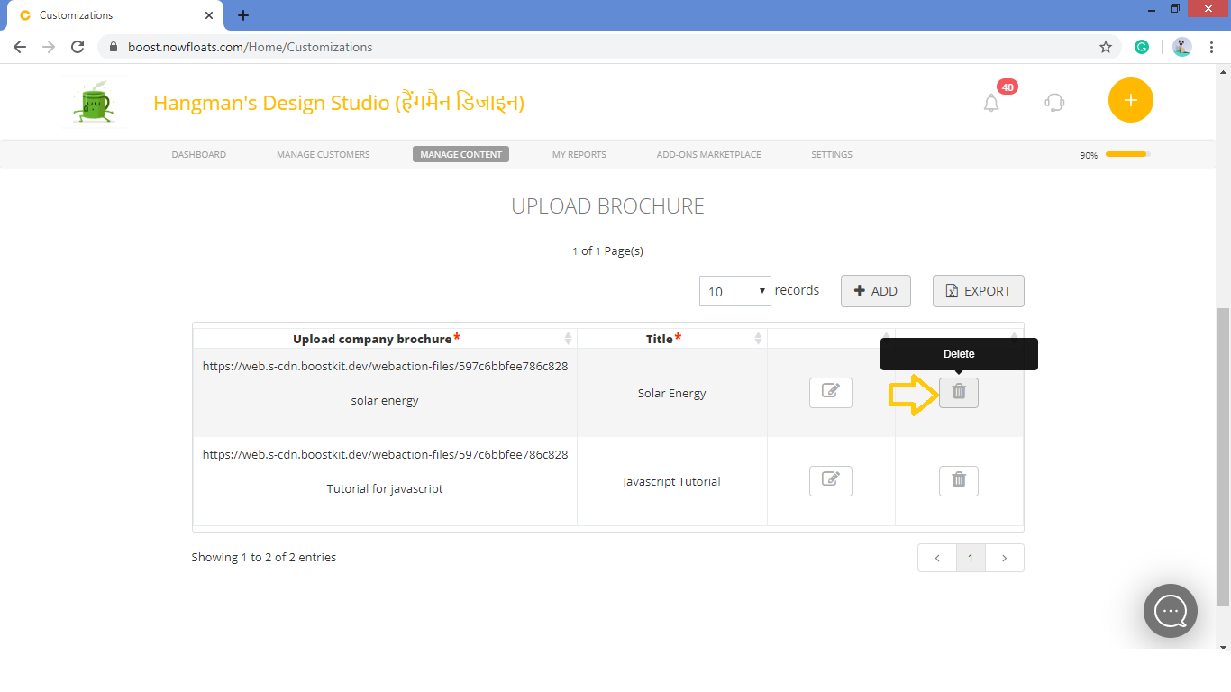[How To] Delete Brochure from Manufacturing Theme Website using Boost Web – NowFloats